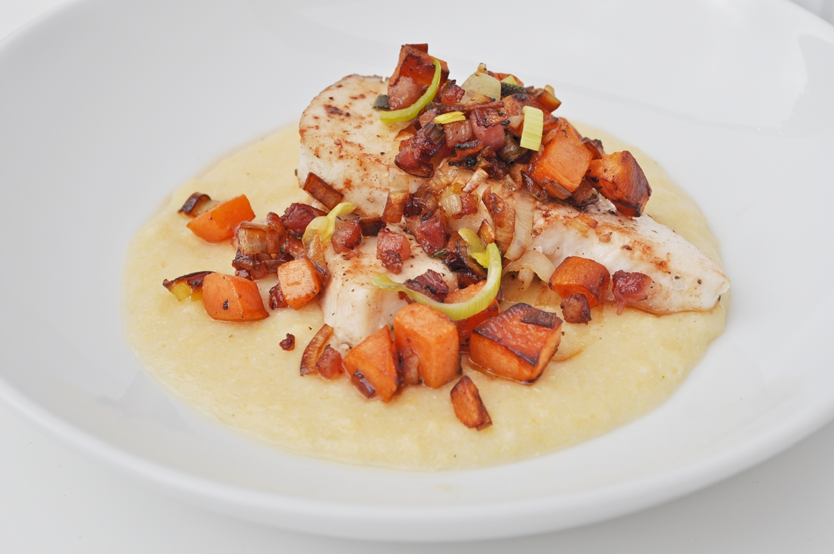 Cod with Sweet Potato and Leek Hash over Polenta - There's Always Pizza